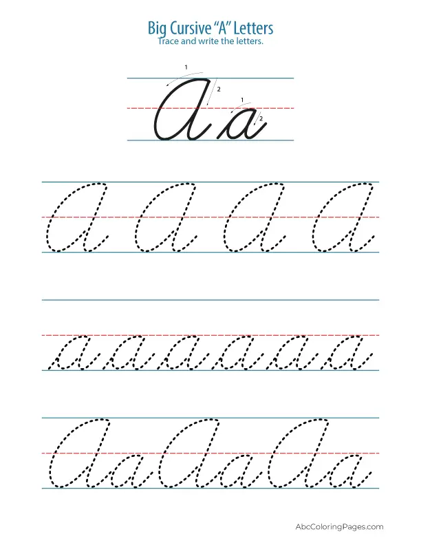 Free Printable A in Cursive Worksheets (PDF)