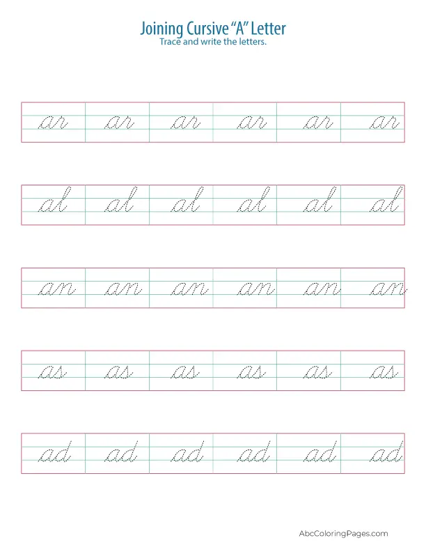 Free Printable A in Cursive Worksheets (PDF)